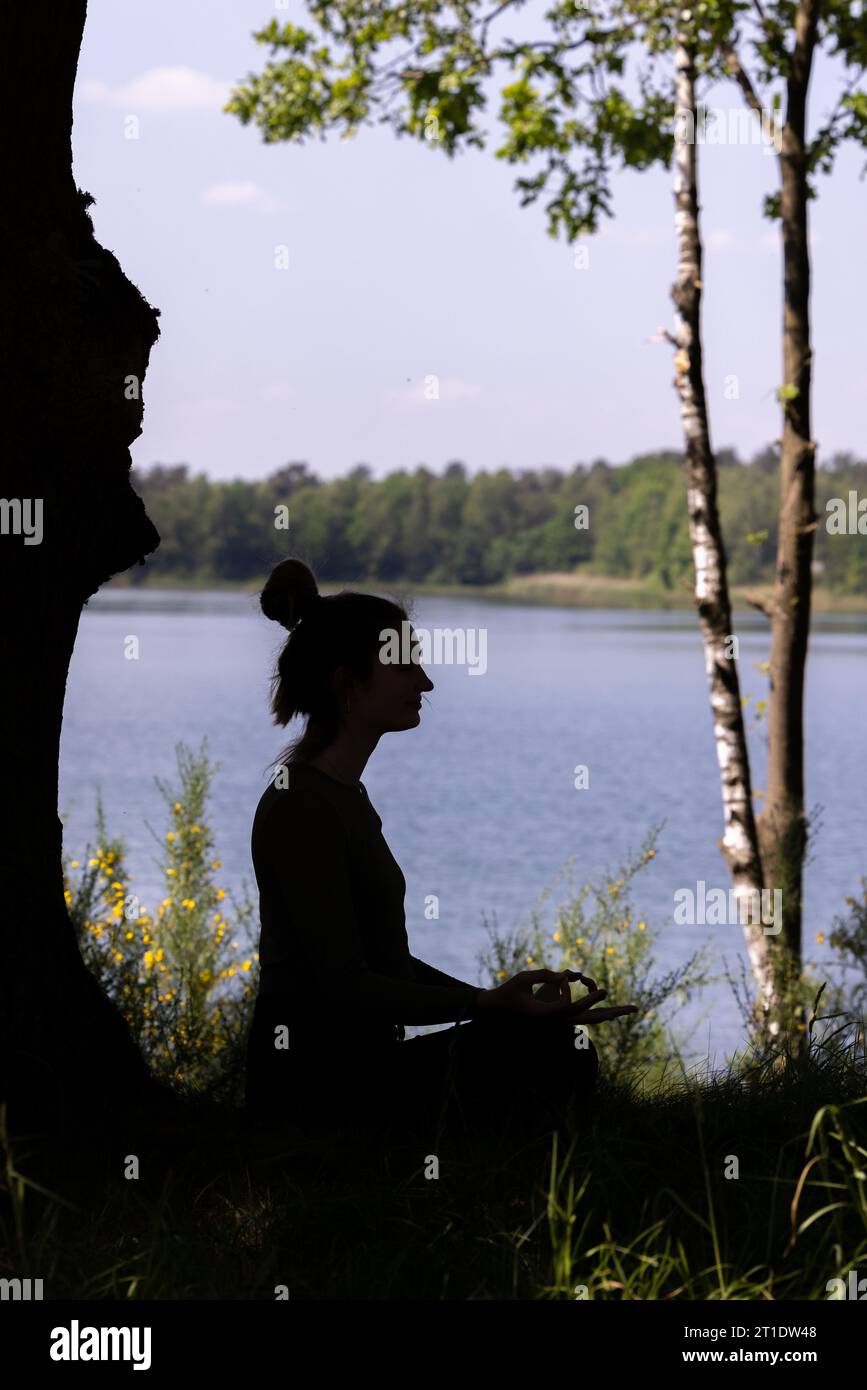 This serene image captures a young millennial woman's silhouette as she practices yoga and ...
