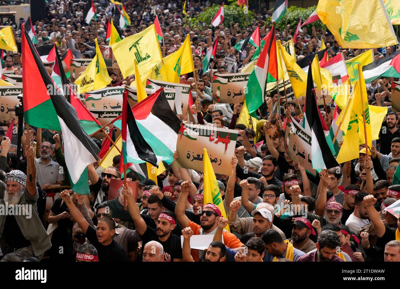 Hezbollah supporters wave Lebanese, Palestinian and their group flags ...