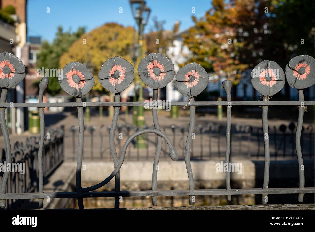 Metal poppies on an ornate fence Horsham, West Sussex, England, UK ...