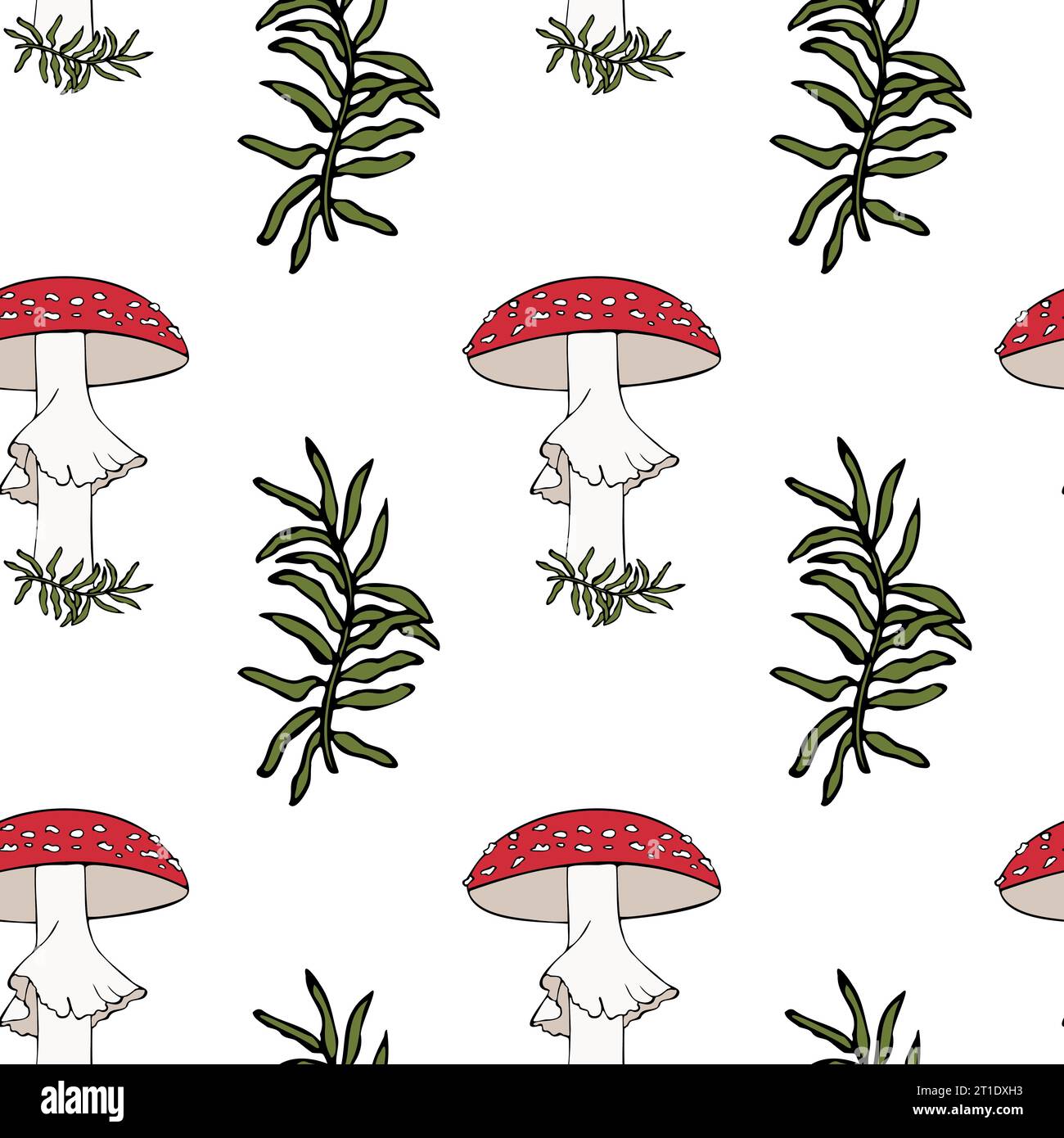 Seamless pattern with poisonous Amanita and Moss, hand drawn doodle ...
