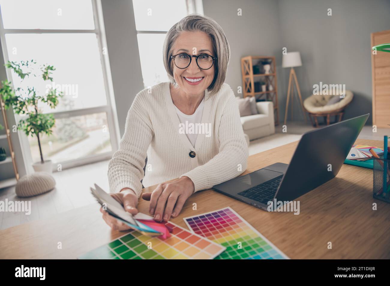 Photo of positive good mood senior lady dressed white cardigan showing ...