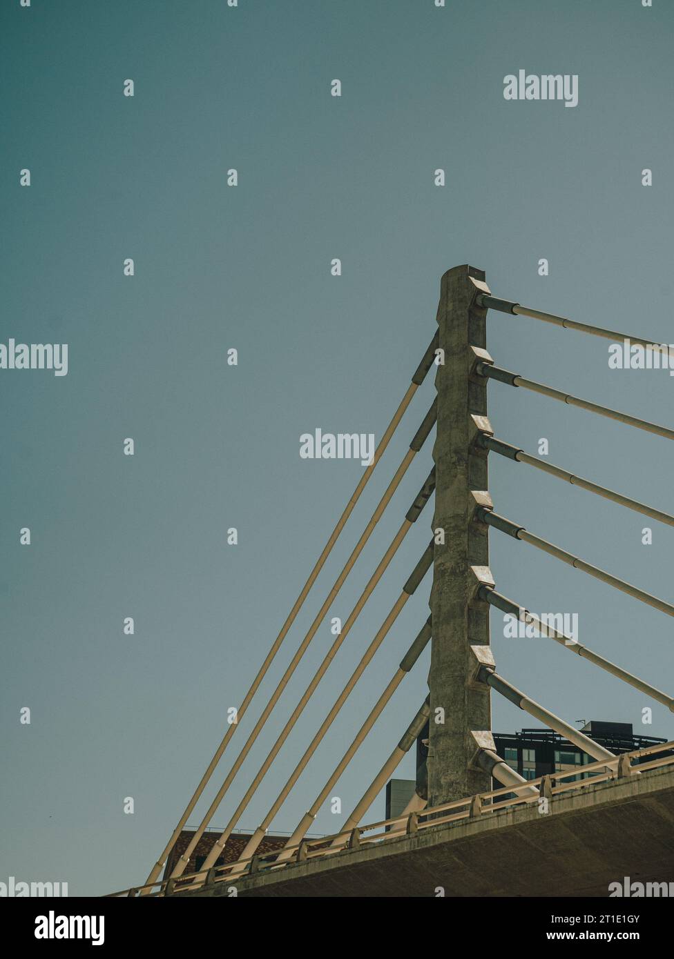A car driving over a bridge on a sunny day with a scenic backdrop ...