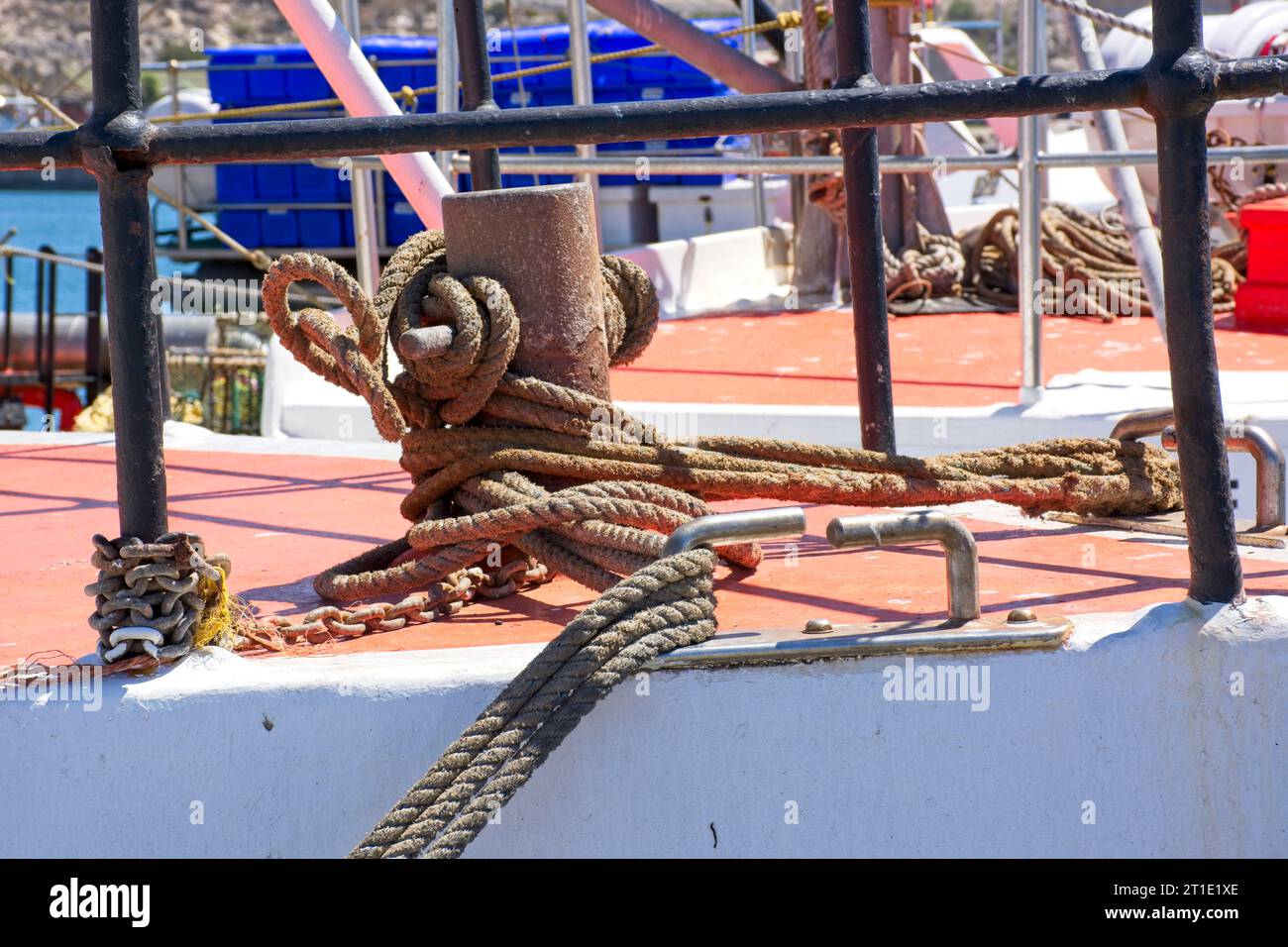 Close up of mooring rope attached to fishing trawler in Saldanha Bay ...
