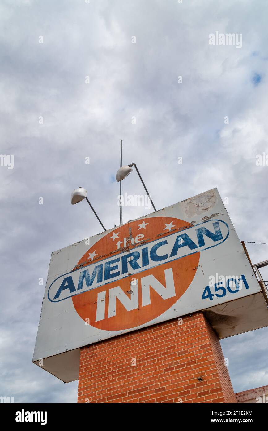 Old neon sign of a motel called the American Inn along former route 66 ...