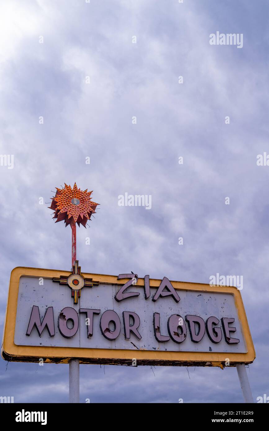 Old neon sign of a motel called the Zia Motor Lodge along former route ...