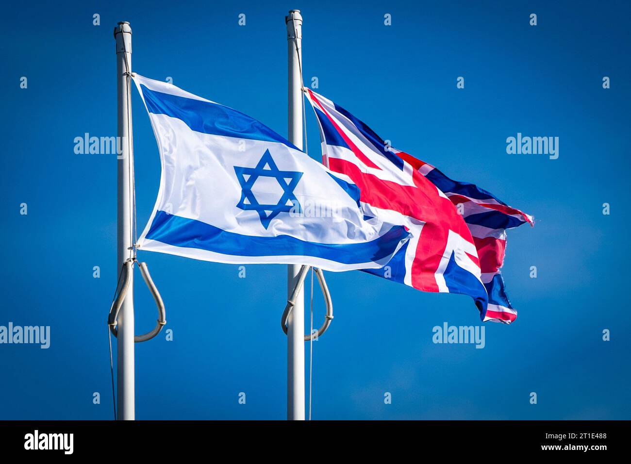 The flag of Israel and the Union flag above the UK Government Queen ...