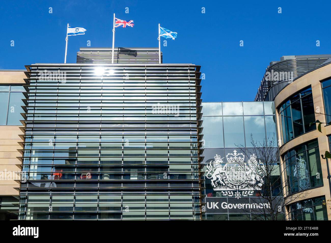 The flag of Israel, the Union flag and the Saltire fly above the UK ...