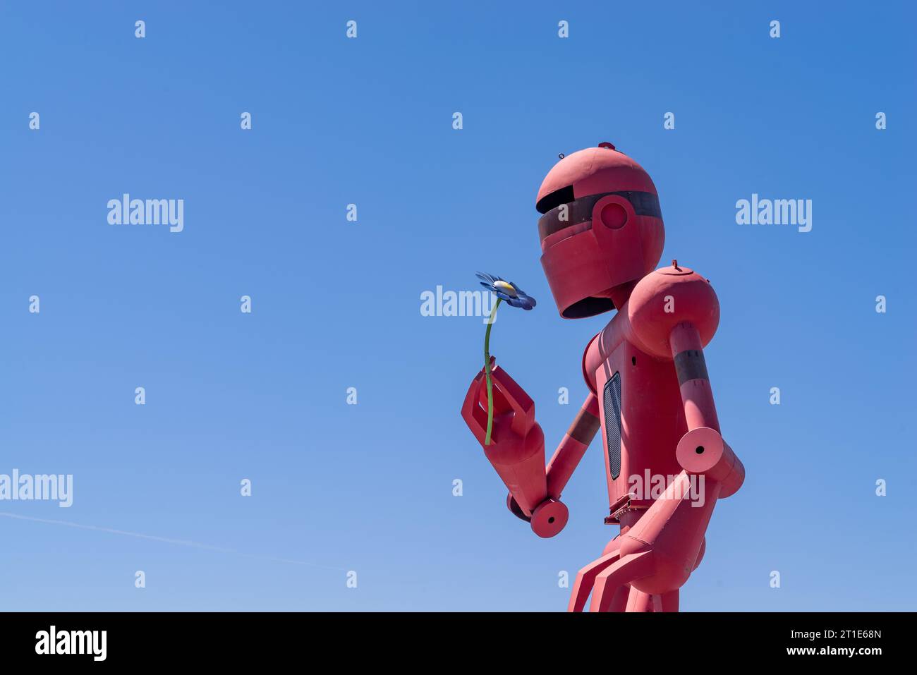 A giant statue of a robot holding a metal flower at the entrance of ...