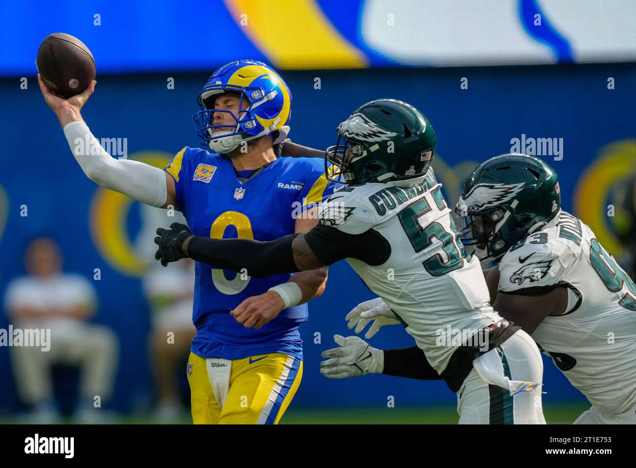 Los Angeles Rams quarterback Matthew Stafford (9) hit on the throw by ...