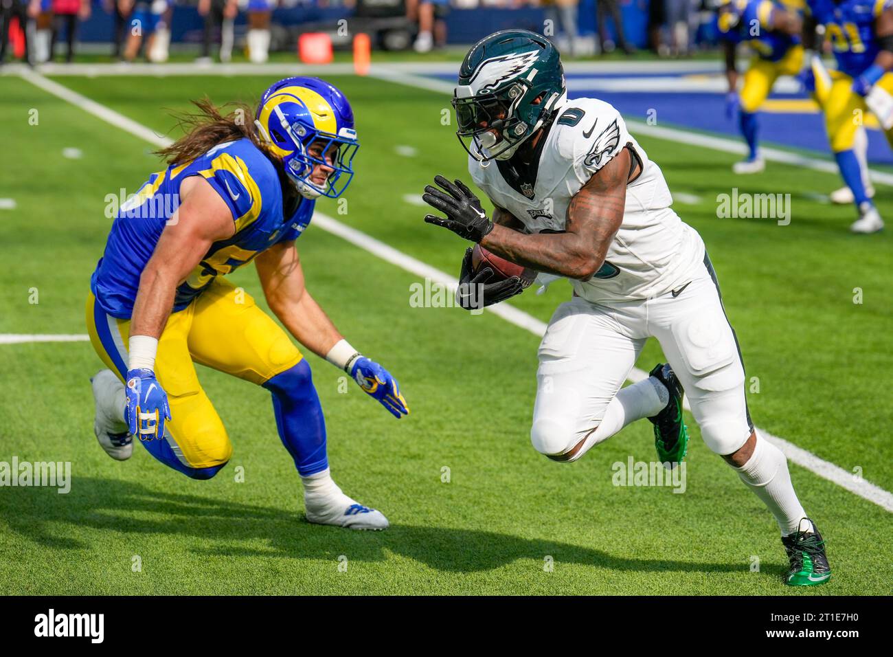 Philadelphia Eagles running back D'Andre Swift (0) runs after the catch ...