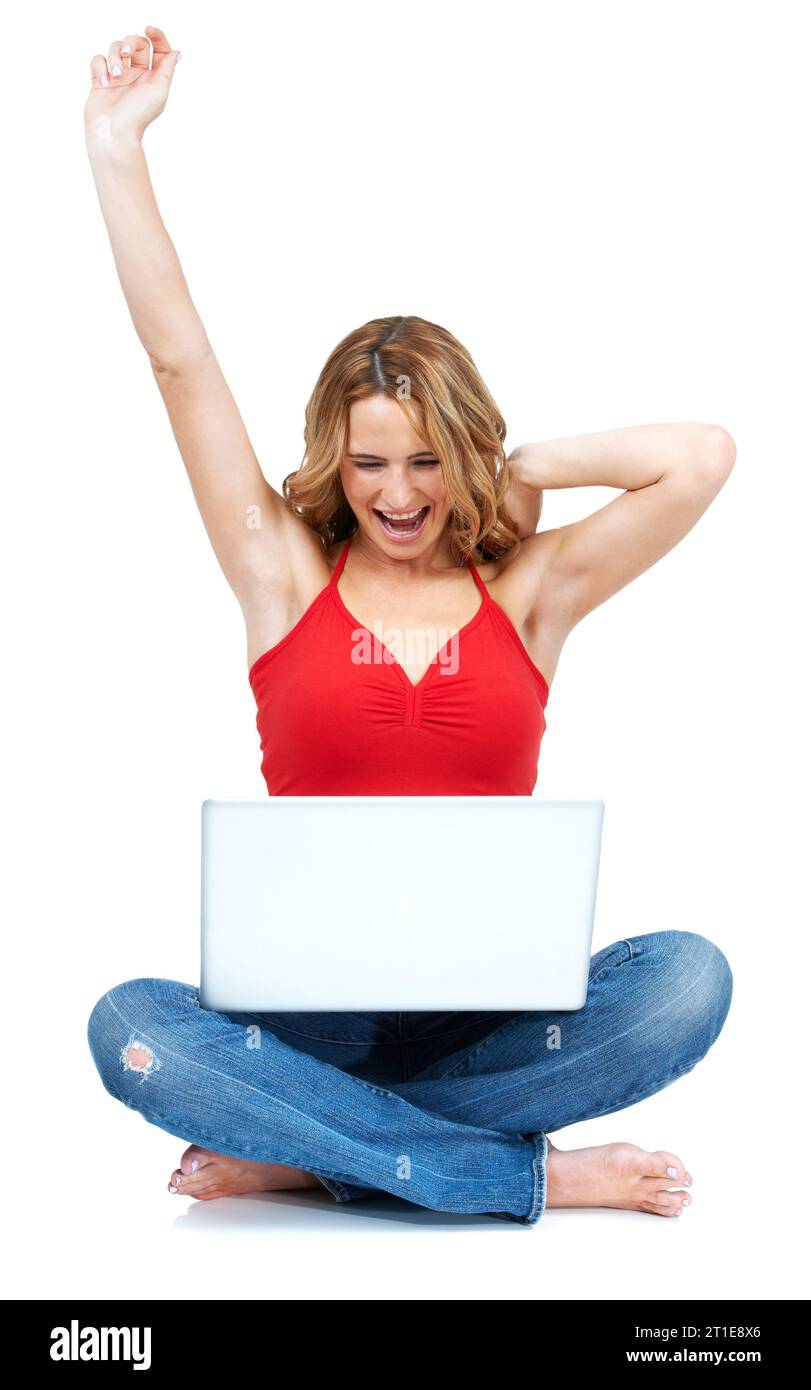 Smile, excited and woman with celebration, laptop and internet ...