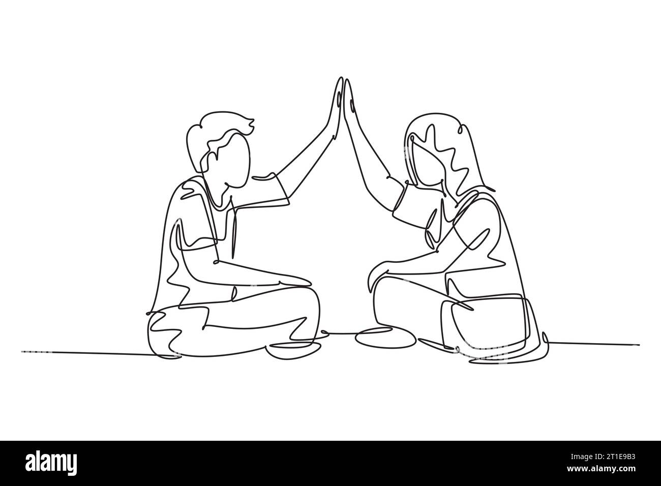 Continuous one line drawing of young happy couple male and female student sitting on the floor ...