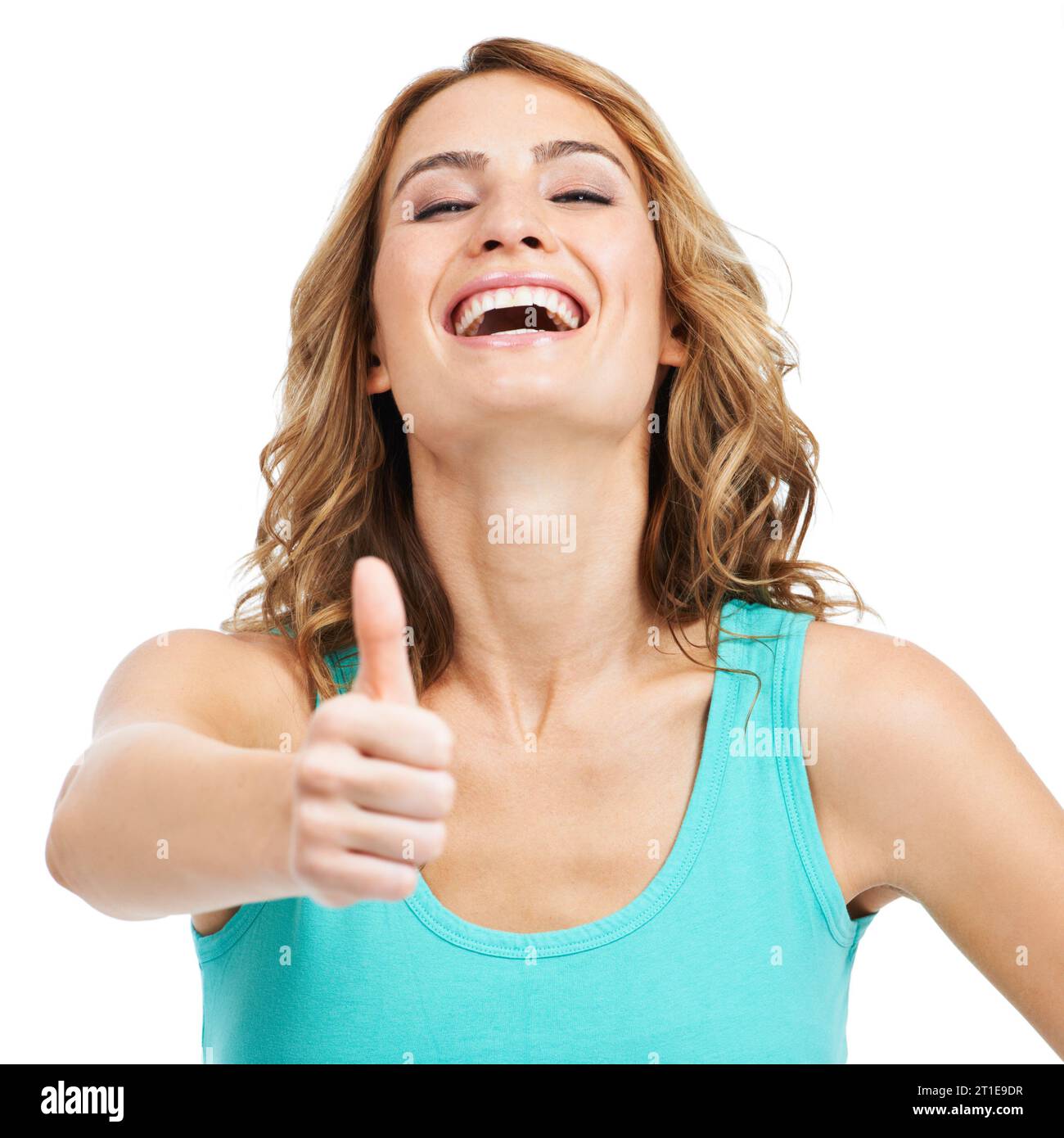 Portrait, woman and smile in studio for thumbs up, success of deal and ...