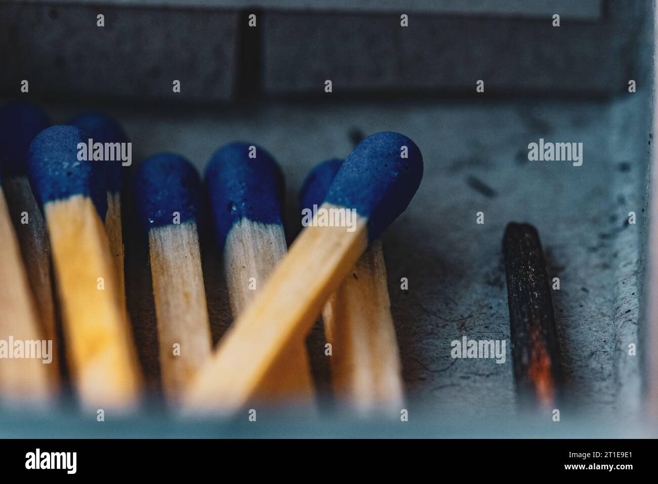 A collection of multicolored matchsticks arranged in a line on a flat ...