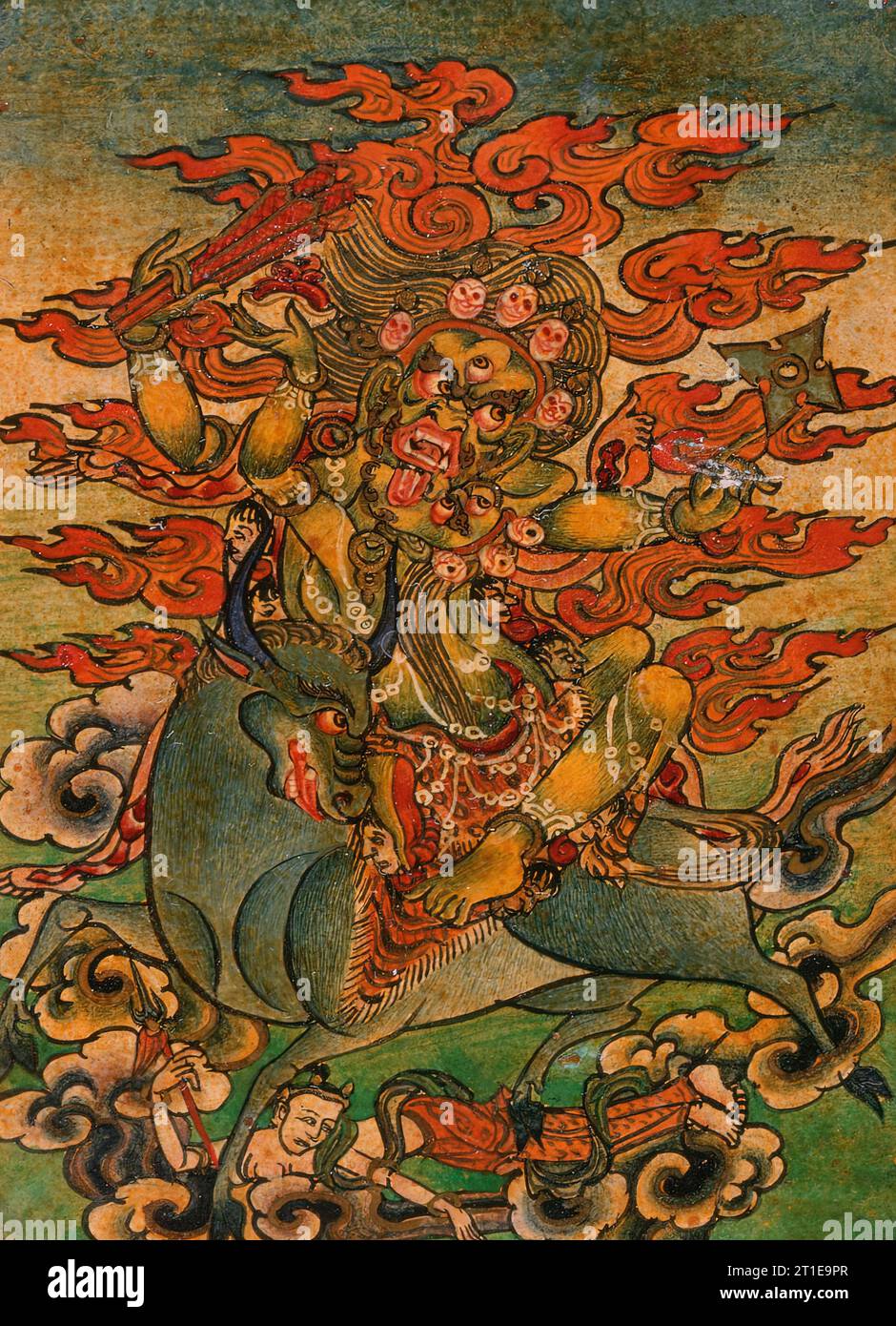 Yellow Yama (?) and Consort on Bull, Nyingmapa Buddhist or Bon Ritual ...