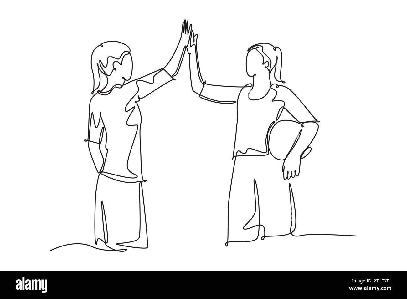 Continuous one line drawing two of young happy women giving high five gesture before playing ...
