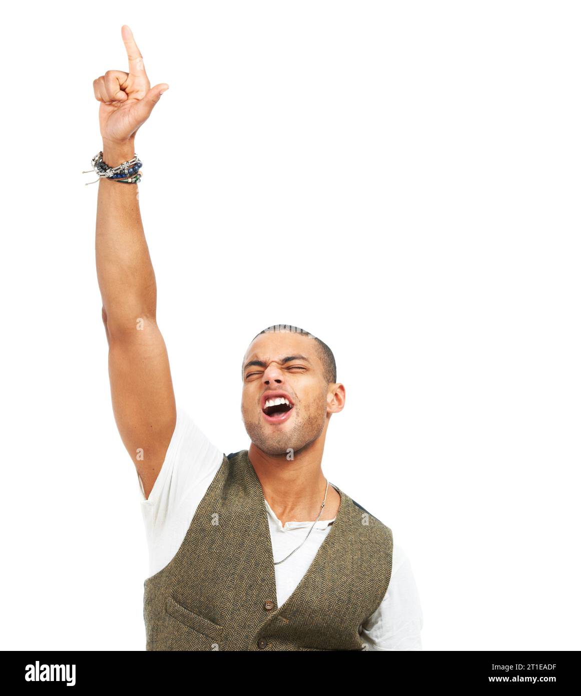 Studio portrait, man and hands up with shout for success, winner and ...