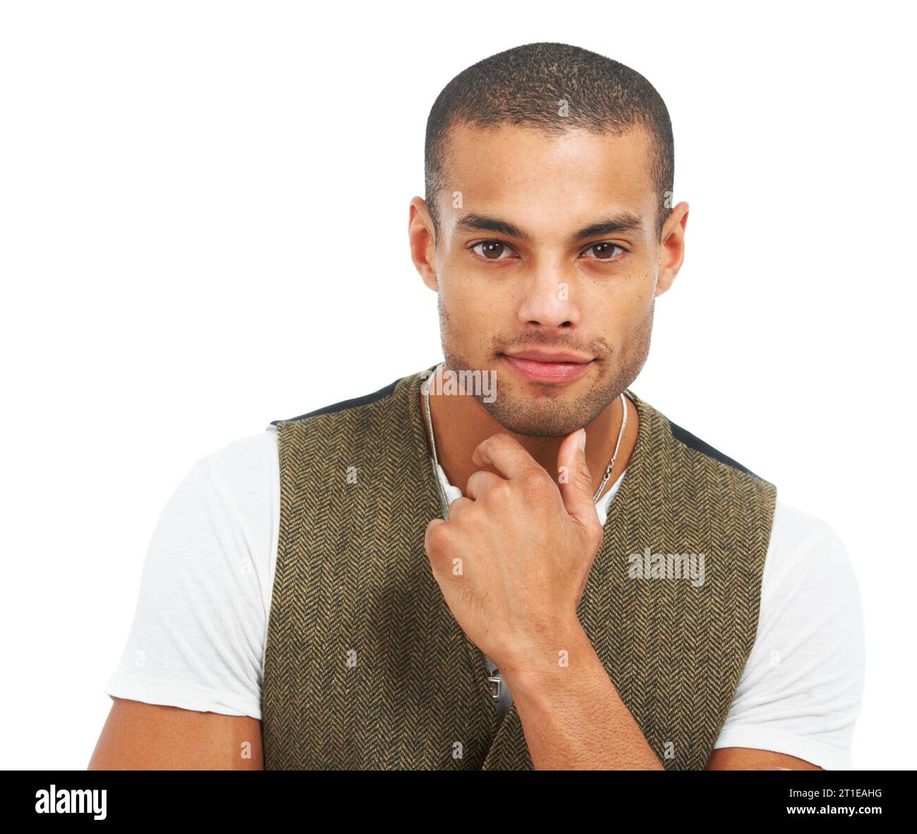 Man, hands and portrait with thinking, idea and decision with fashion ...