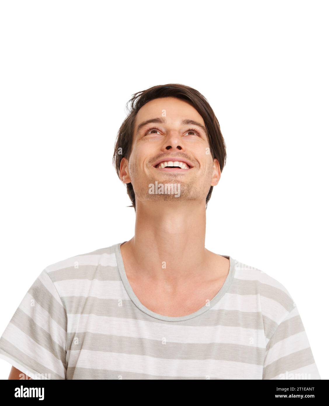 Man, happy and fashion mockup with looking up or sign, casual aesthetic ...