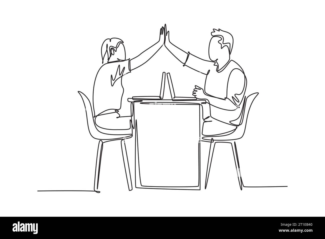 Single continuous line drawing two young happy couple man and woman work at cafe and giving high ...