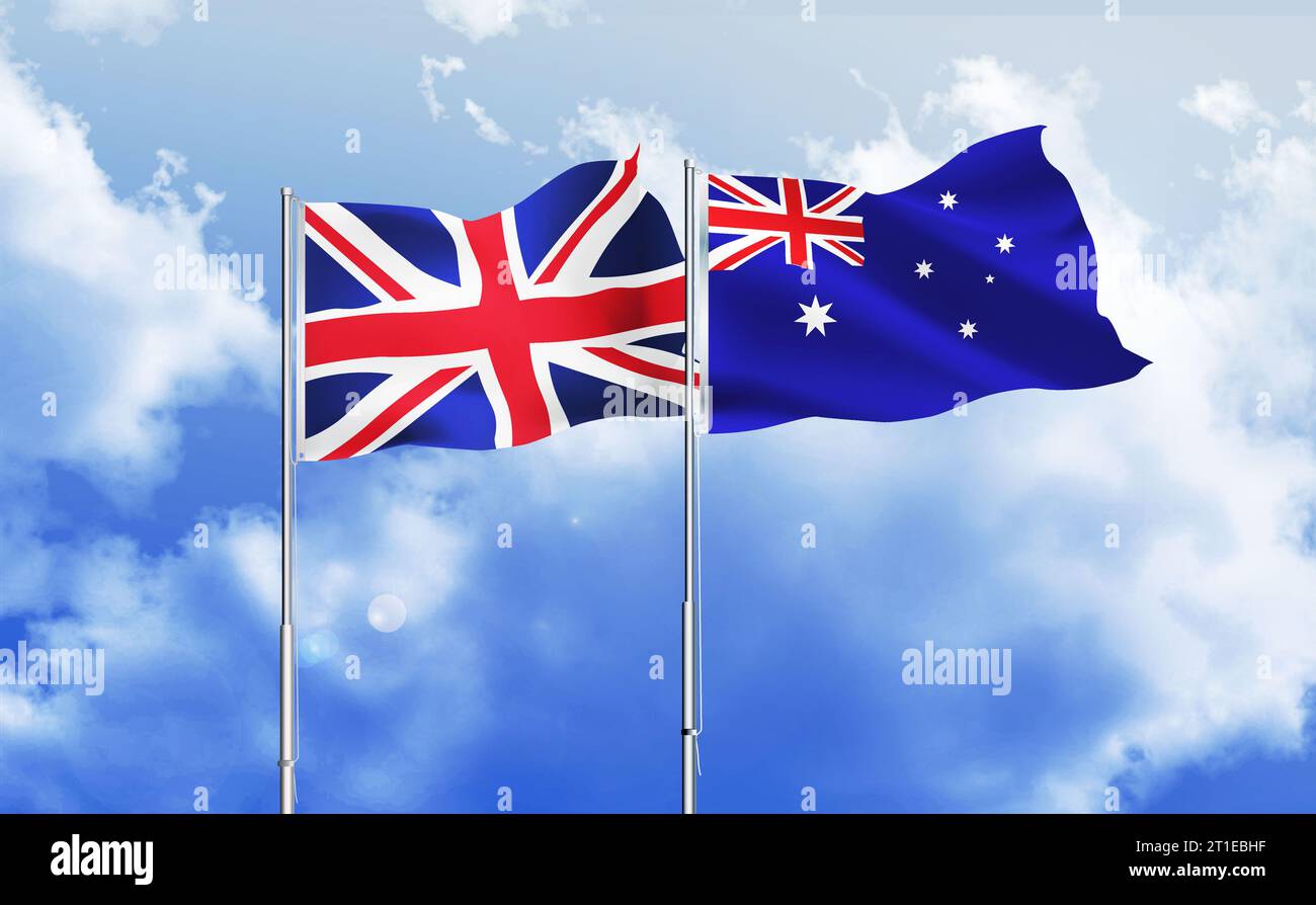 UK and Australia flags together waving against blue sky Stock Photo - Alamy