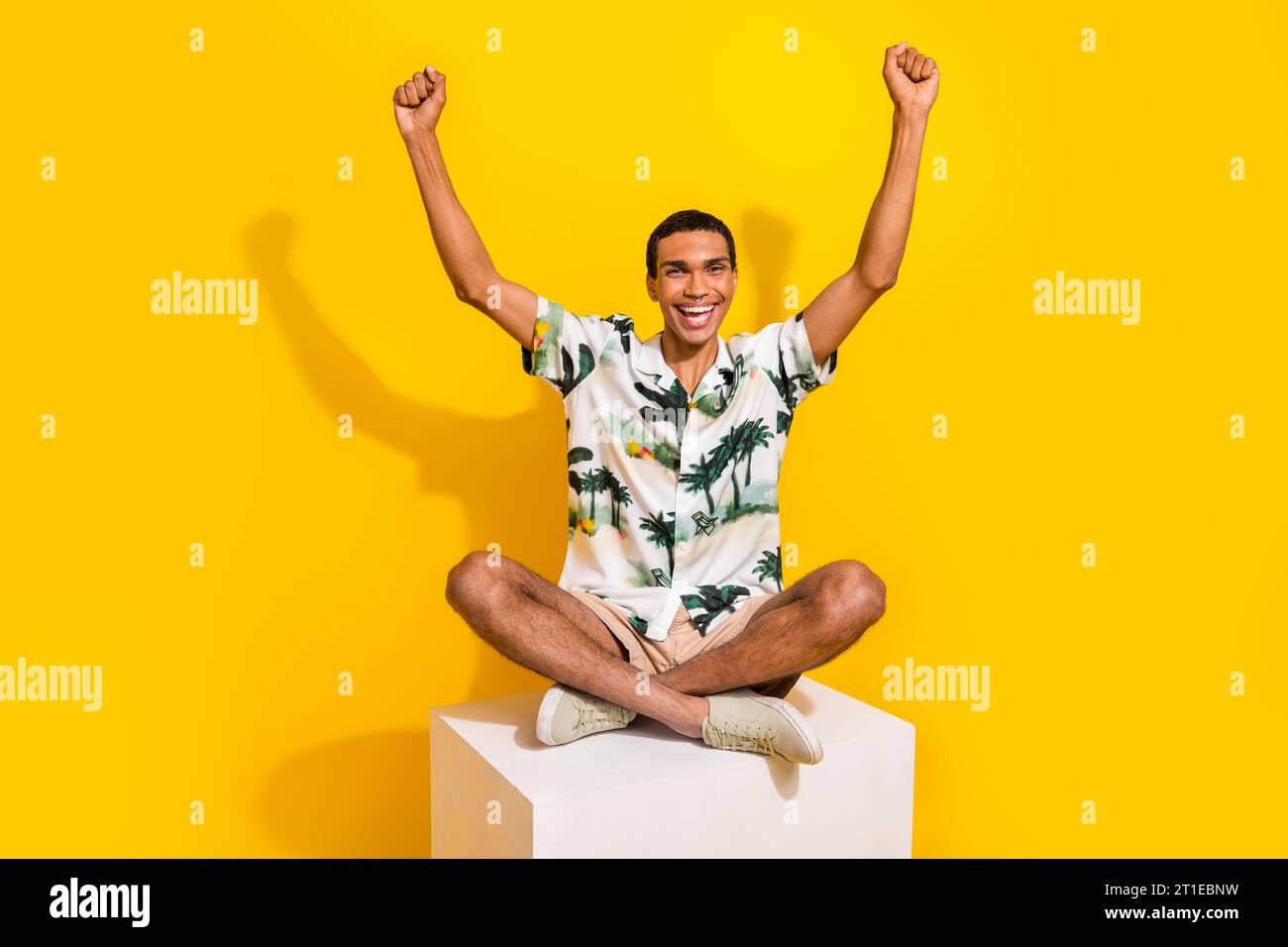 Full size photo of handsome young guy sit cube raise fists celebrate ...