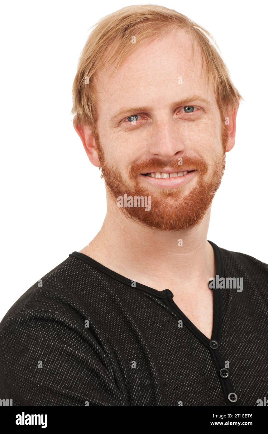 Man, happy portrait and face with smile isolated against a studio white ...