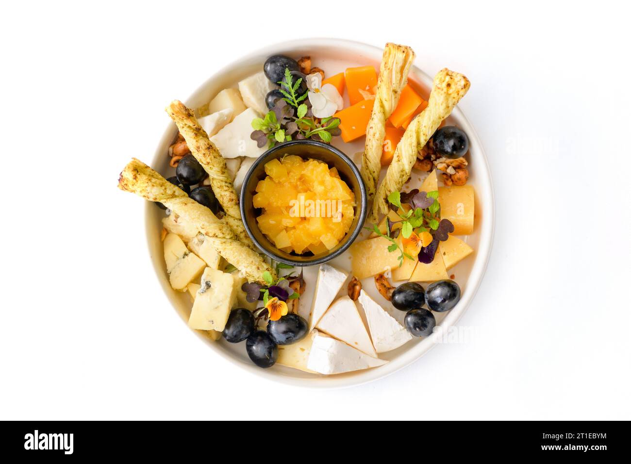 Plate of Mediterranean antipasto snacks. Flat lay, isolated, overhead ...