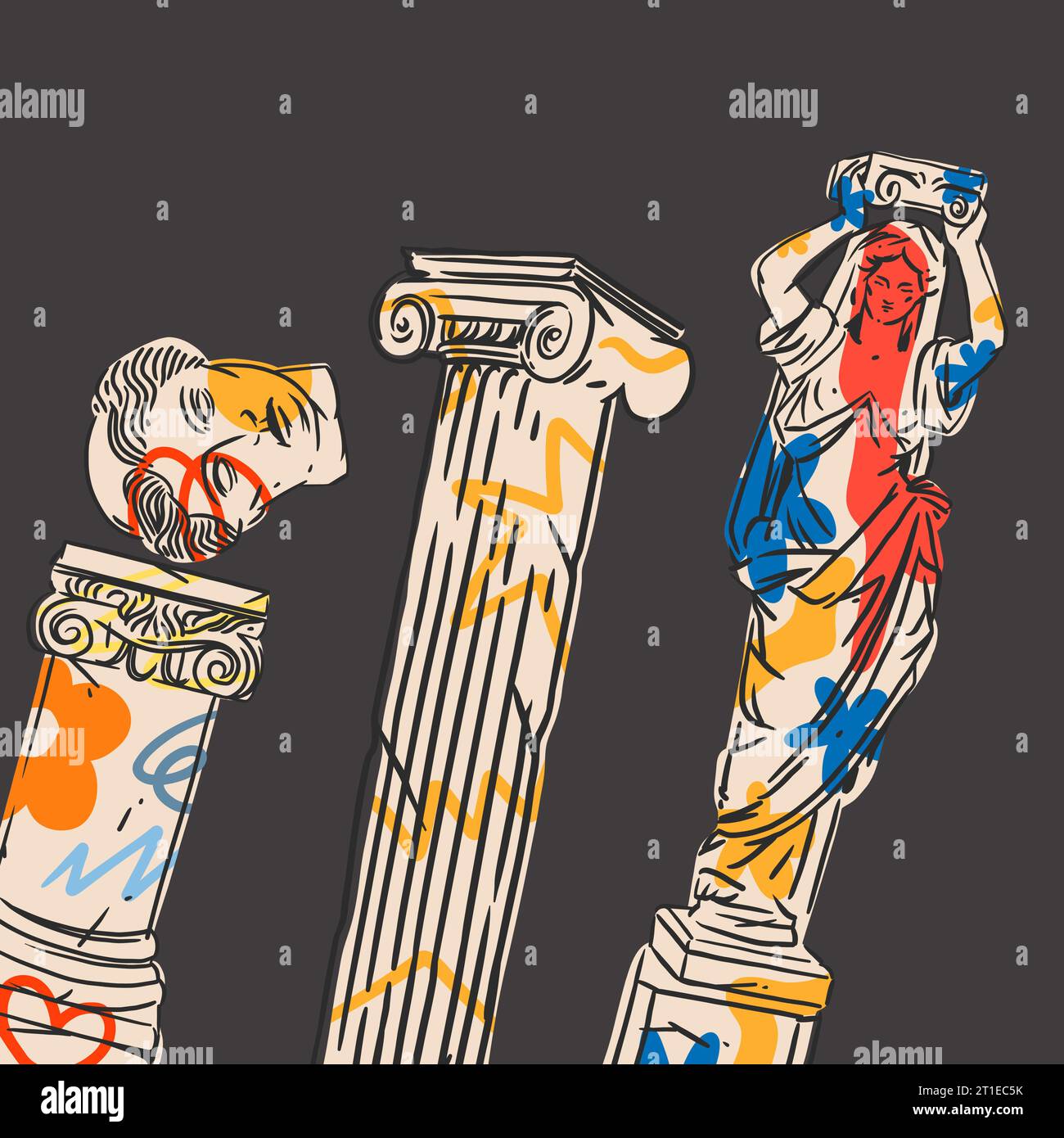 Hand drawn vector abstract graphic, antique ancient sculpture statues ...