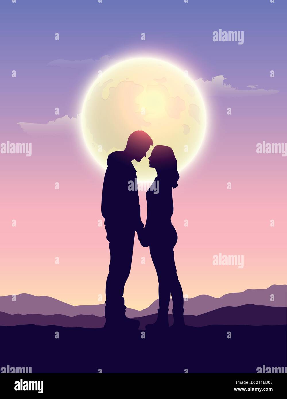 couple in love silhouette by full moon adventure design vector ...