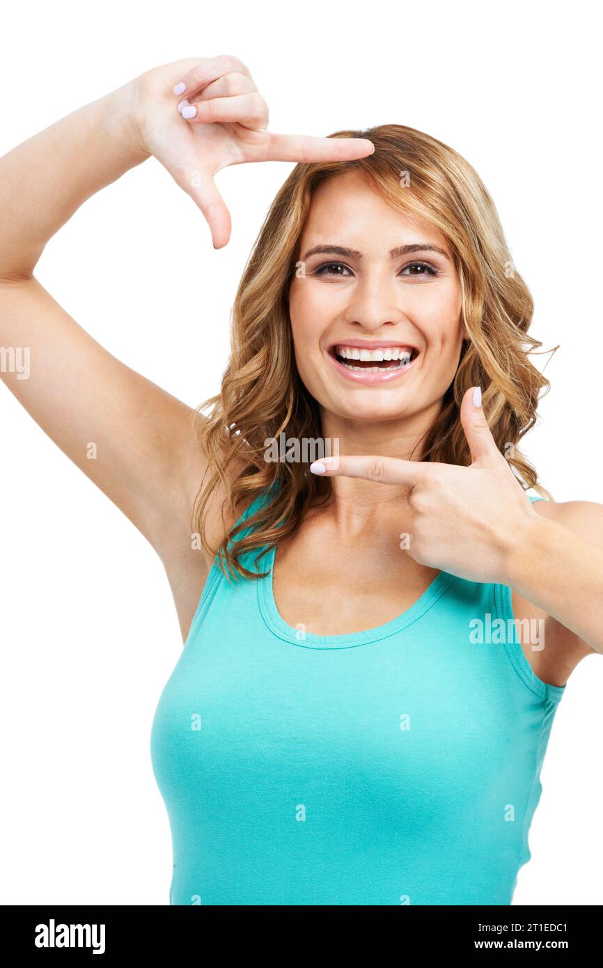 Portrait, woman or finger frame on face in studio to review inspiration ...