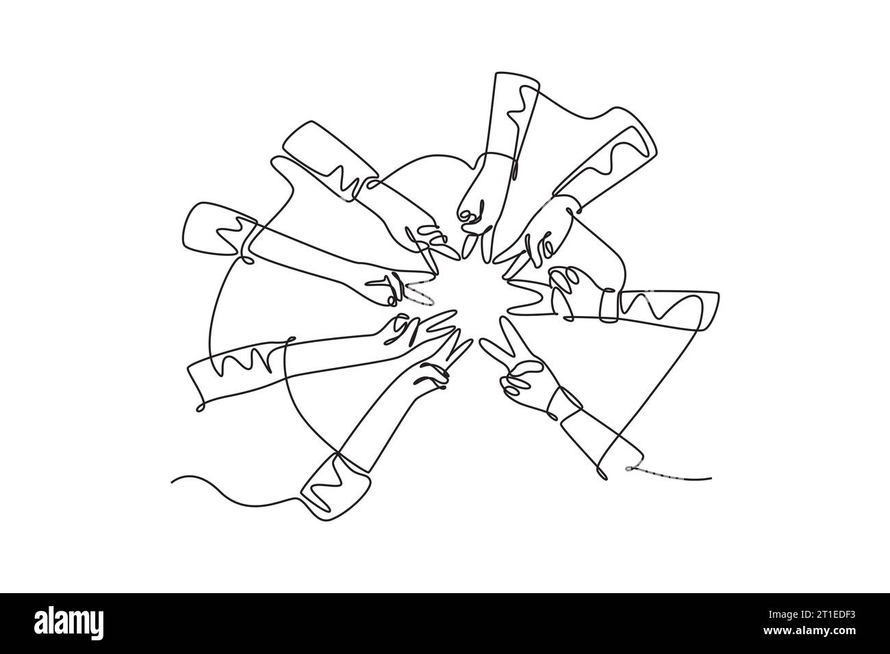 Single one line drawing young happy people join their hands together to ...