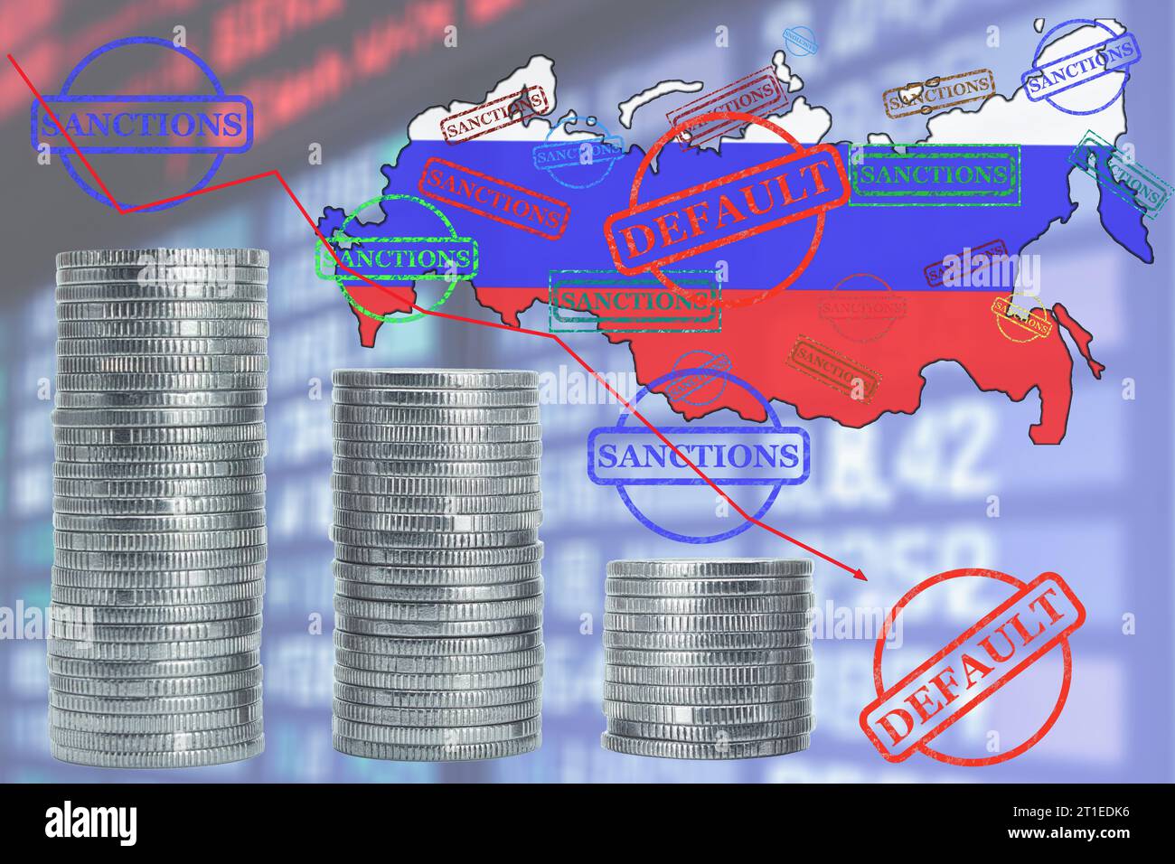 Map of russia and stamp SANCTIONS and DEFAULT. Political and economic ...