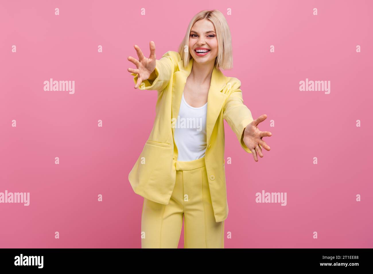 Photo of cheerful positive woman dressed blazer suit open arms ready ...