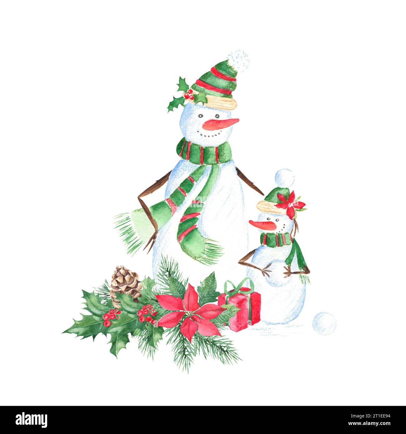 Christmas illustration with cute snowman family, present, snowballs and ...