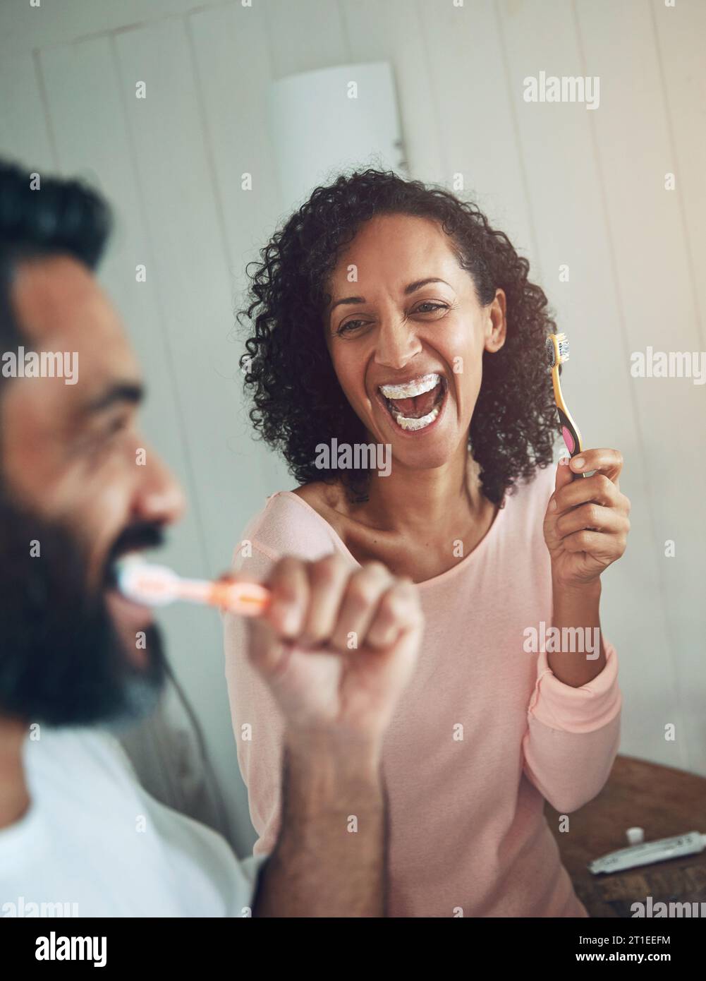 Cleaning, teeth and couple in bathroom with dental, healthcare and ...