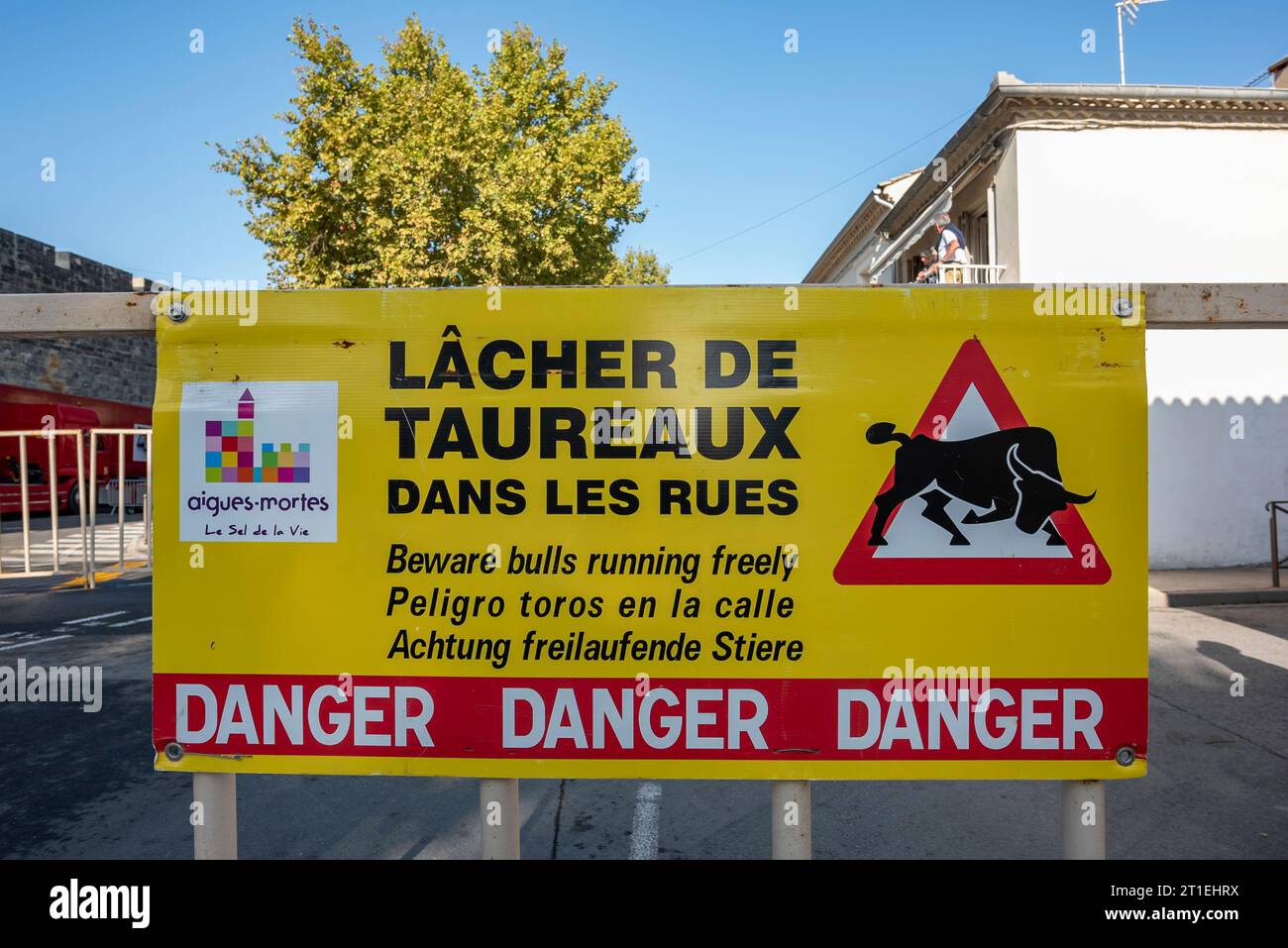 France, Aigues-Mortes, October 9th, 2023. Danger warning signs written ...