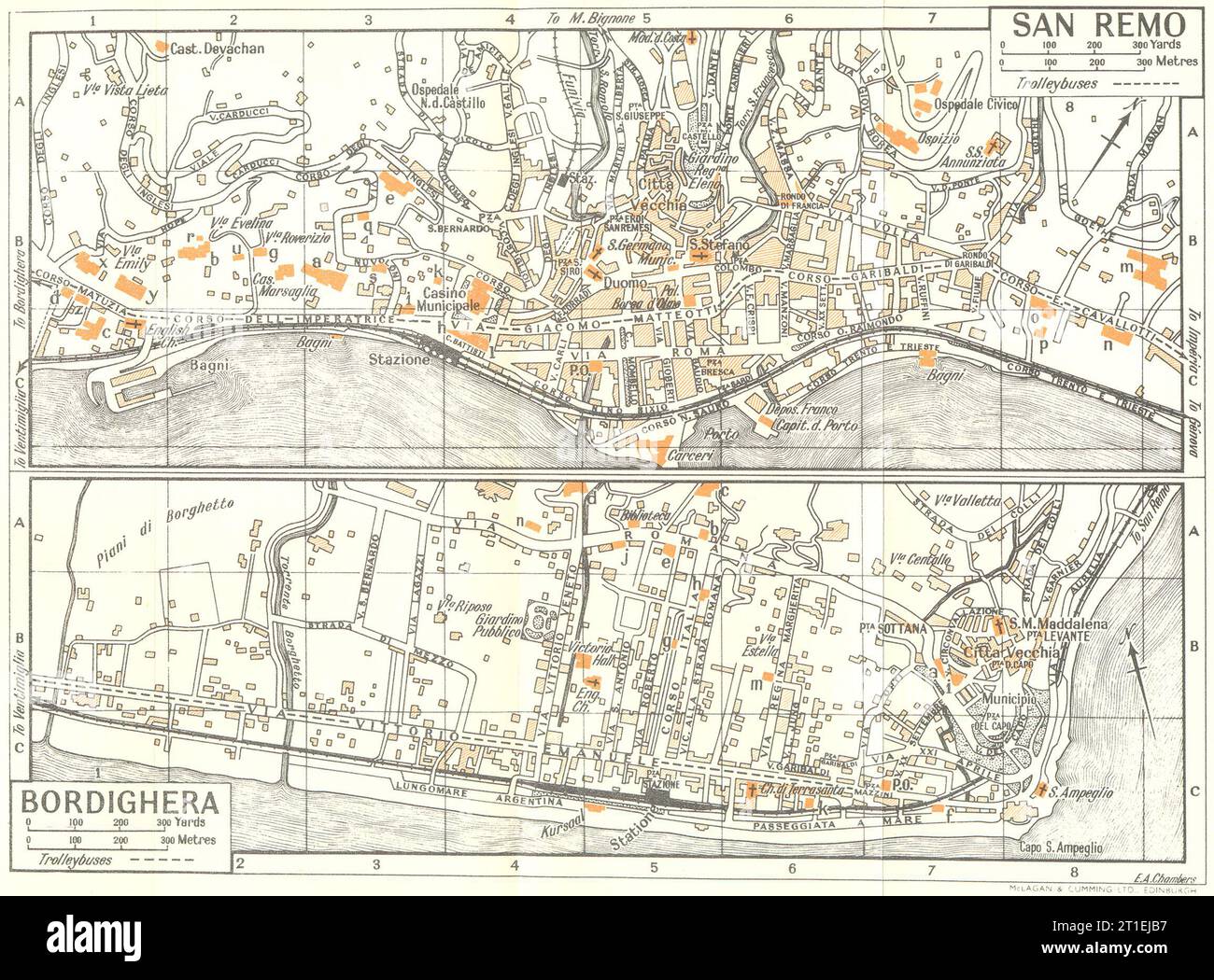 SAN REMO; BORDIGHERA town/city plan. Italy 1953 old vintage map chart ...
