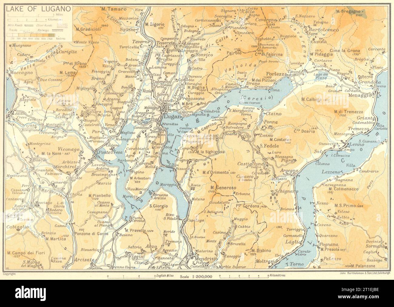 Lake/Lago di Lugano 1953 old vintage map plan chart Stock Photo - Alamy