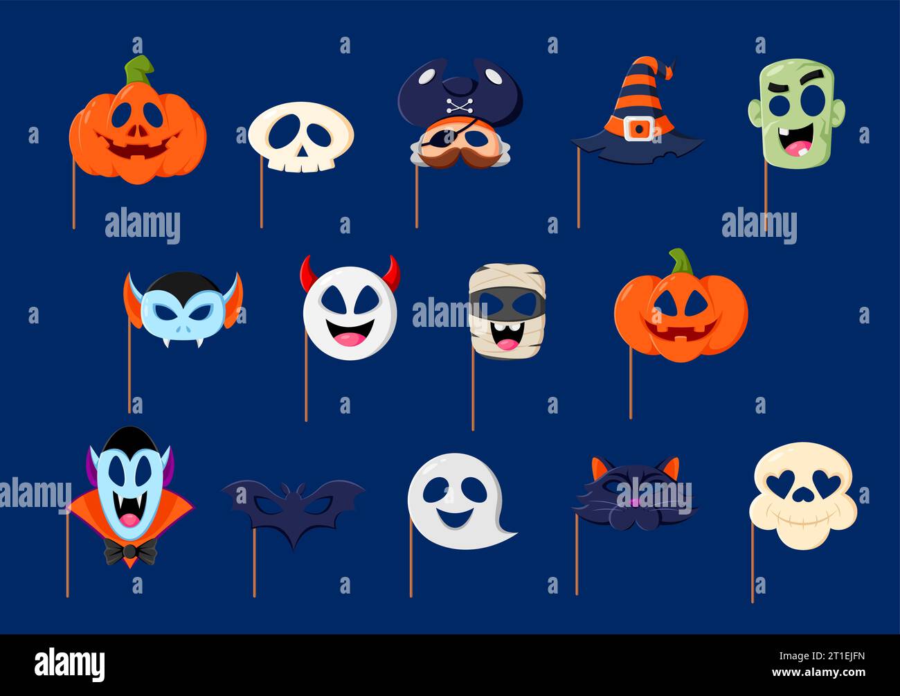 Cartoon halloween photo booth masks with props. Isolated vector set ...