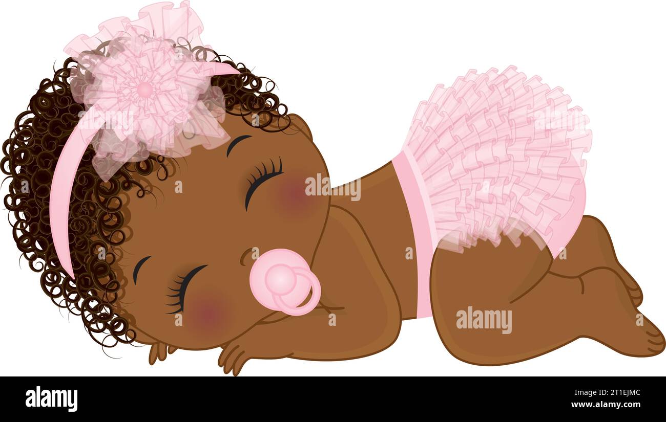 Vector Cute African American Baby Girl in Pink Ruffle Diaper Stock ...