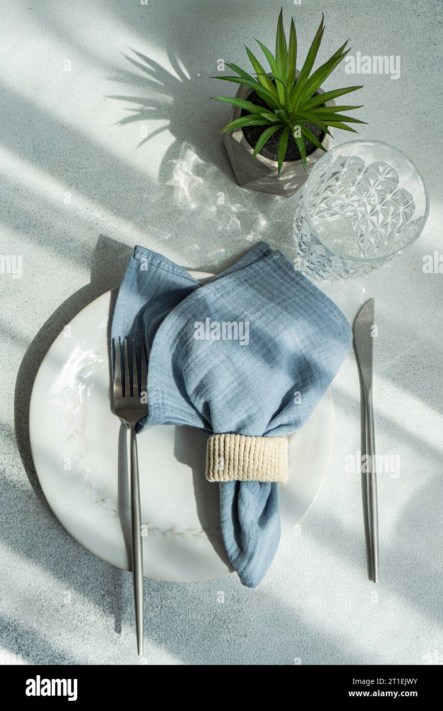 Minimalist table setting with houseplant on concrete table Stock Photo ...