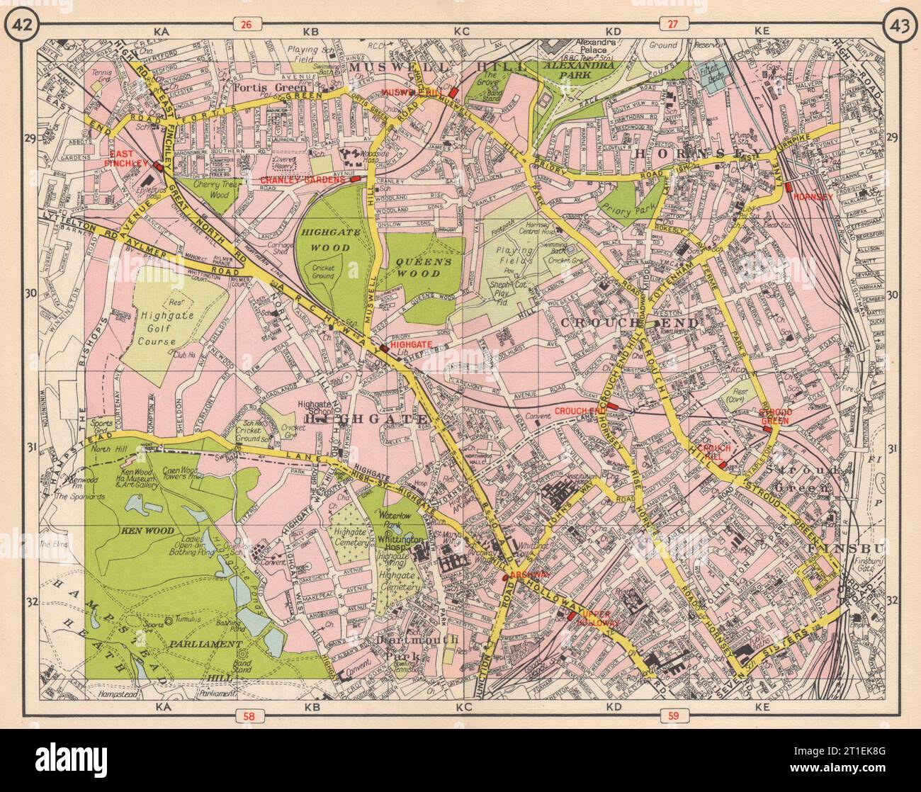 N LONDON. Muswell Hill Hornsey Stoud Green Crouch End Highgate 1953 old ...