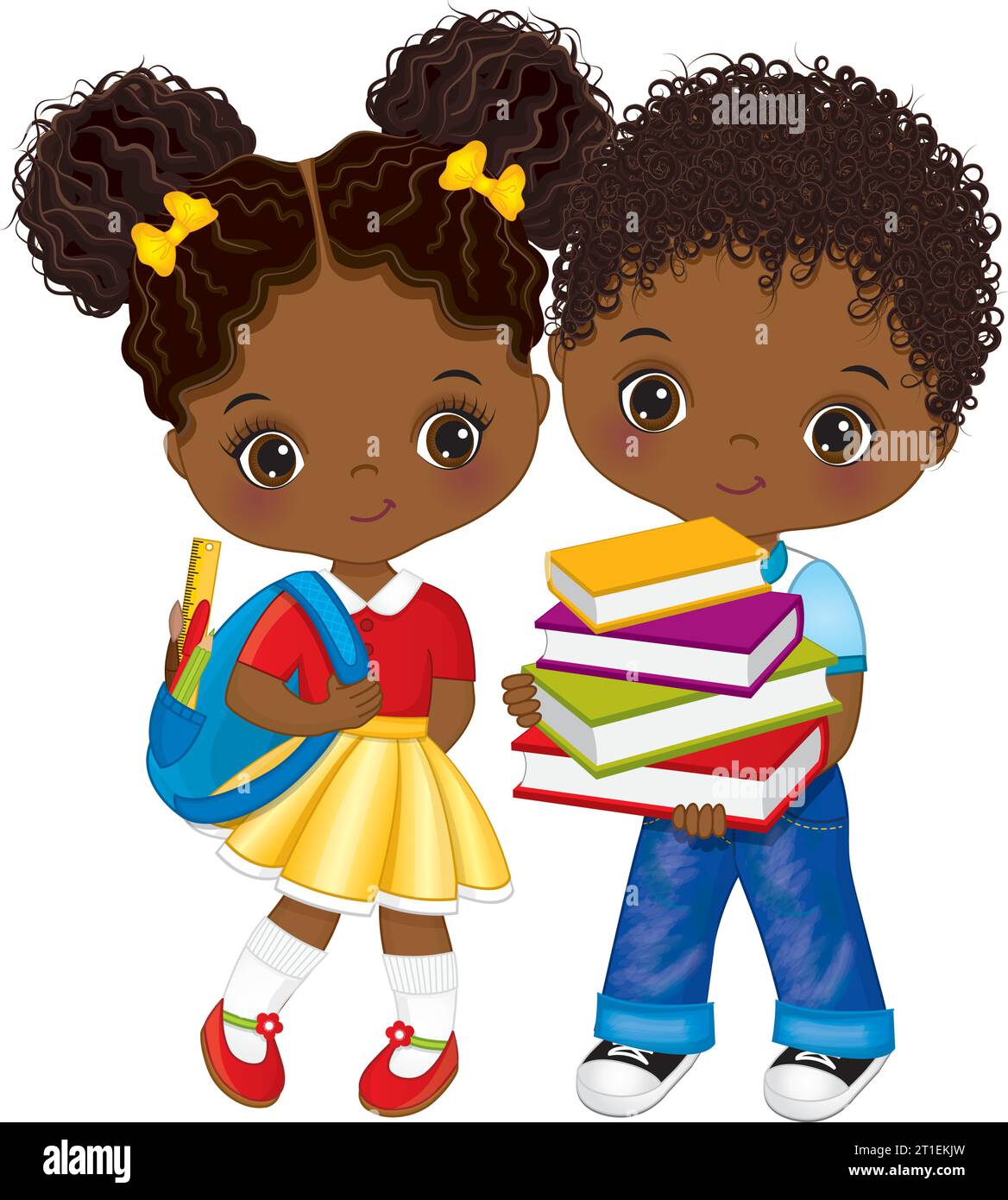 Vector Cute African American Kids with School Books and Rucksack Stock ...