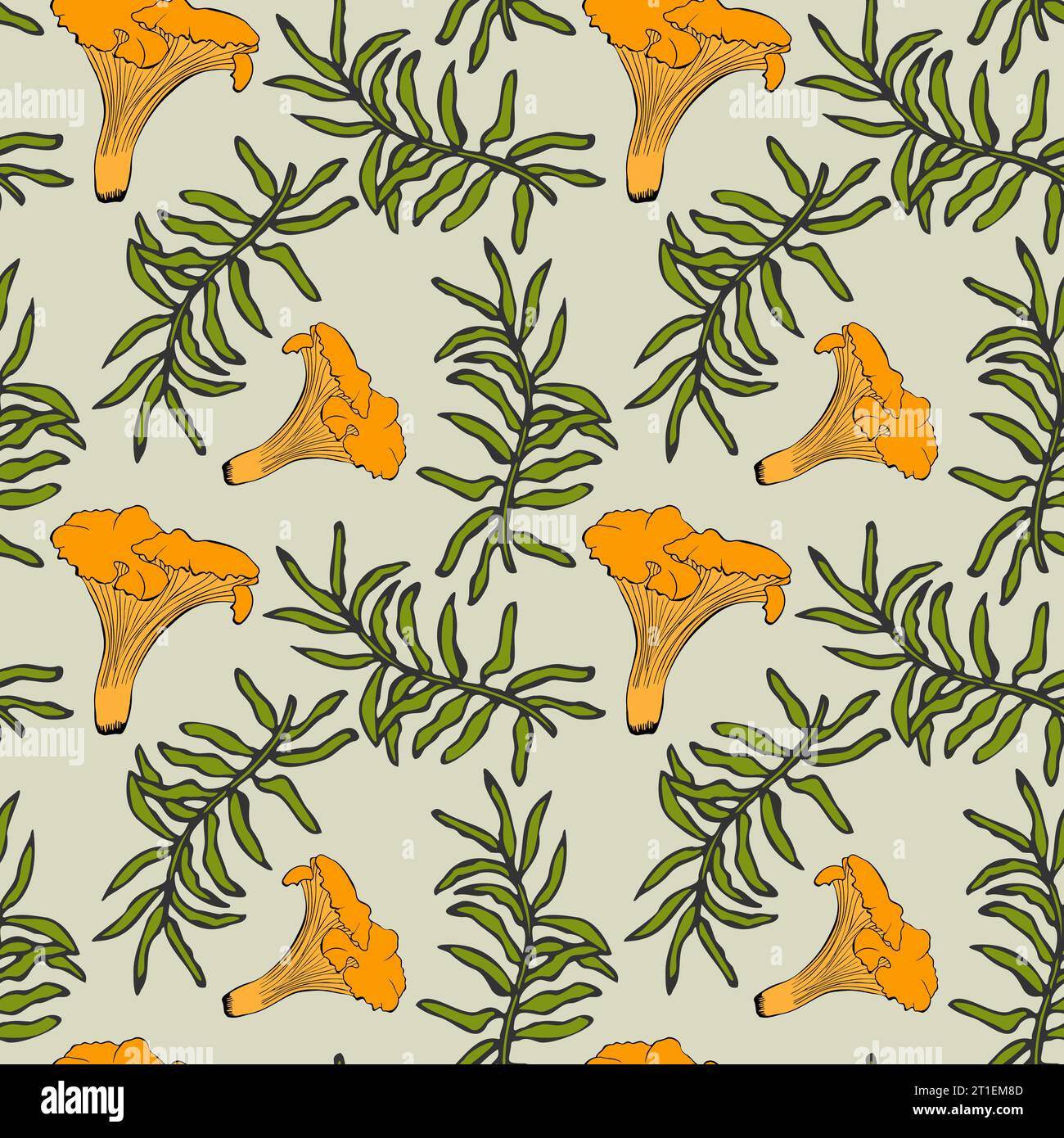 Chanterelle mushroom and moss pattern, hand drawn contour doodle ...