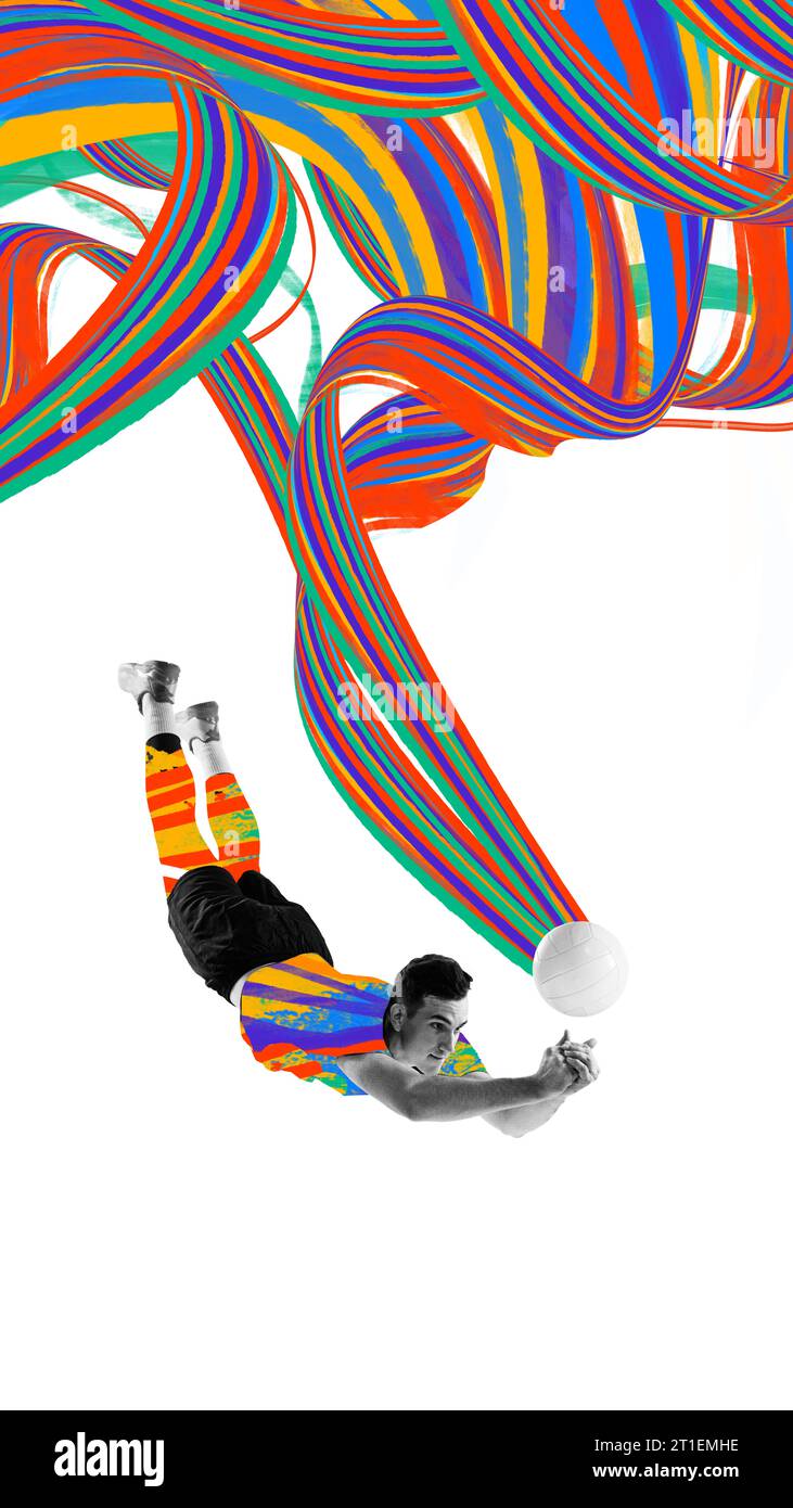 Young man, volleyball player in motion during game, hitting ball with ...