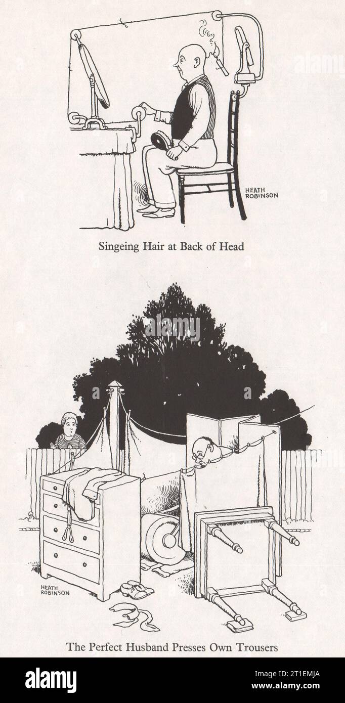 HEATH ROBINSON. Singeing hair at back of head; Husband presses own ...