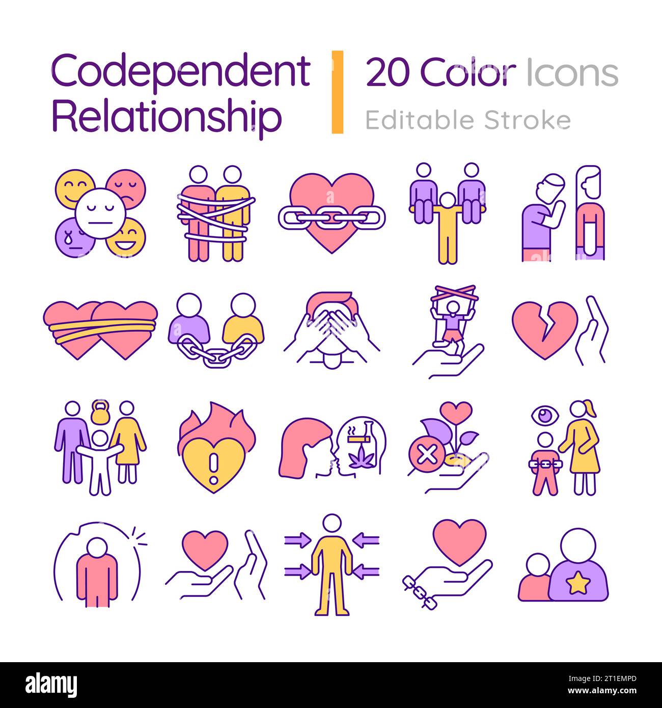 2D editable multicolor big line icons set representing codependent ... 2D editable multicolor big line icons set representing codependent ...