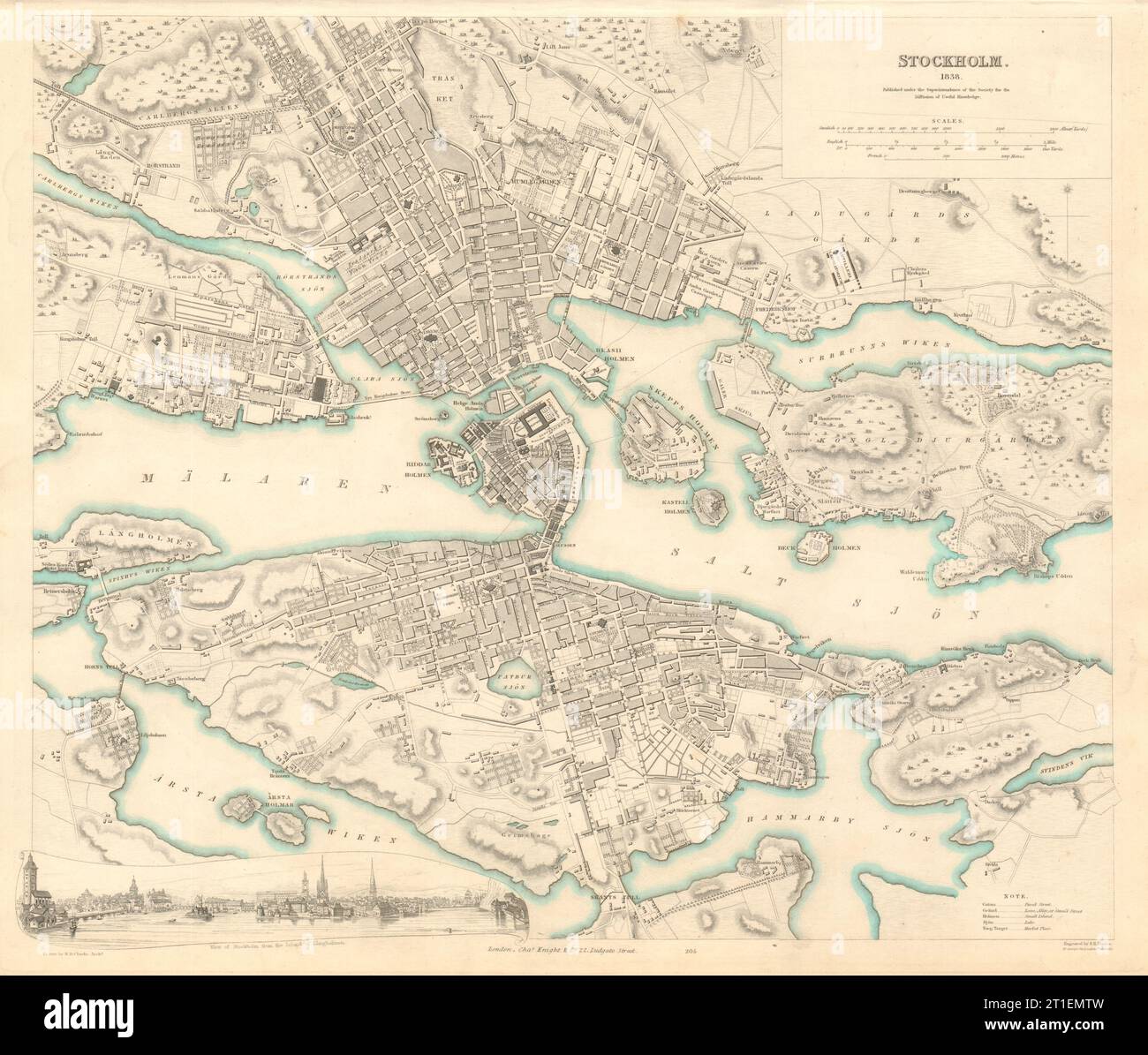 STOCKHOLM. Antique town city map plan. Inset panorama view. SDUK 1847 ...