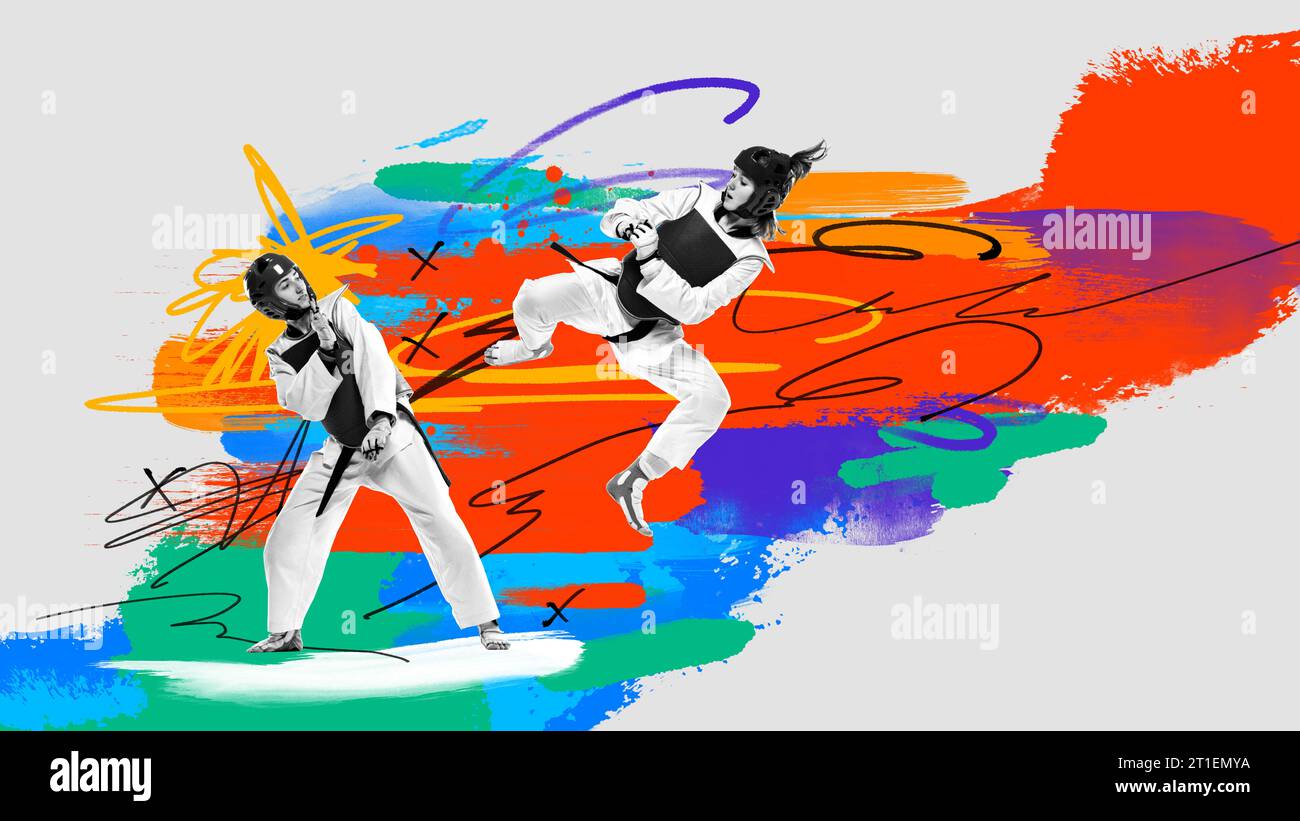 Two women, mma athletes in sportswear fighting over multicolored ...